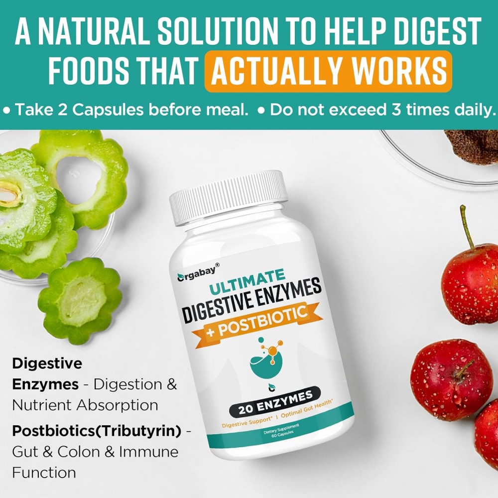 Buy Orgabay Digestive Enzymes 1000mg with Postbiotics, 20 Enzyme Blend ...